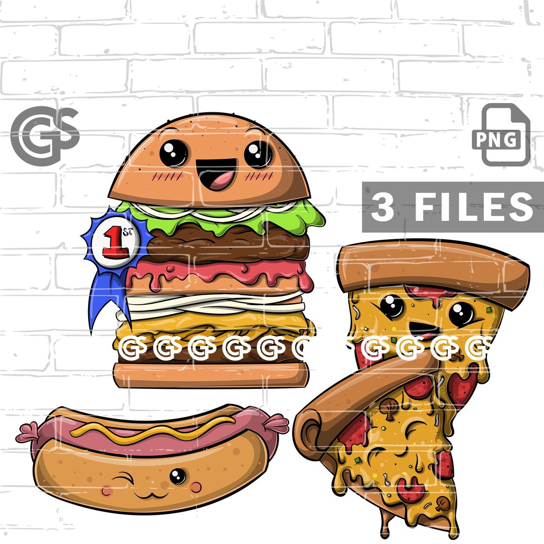 Cute Kawaii Fast Food Bundle (3) PNG Files - Hamburger, Hotdog, Pizza ...