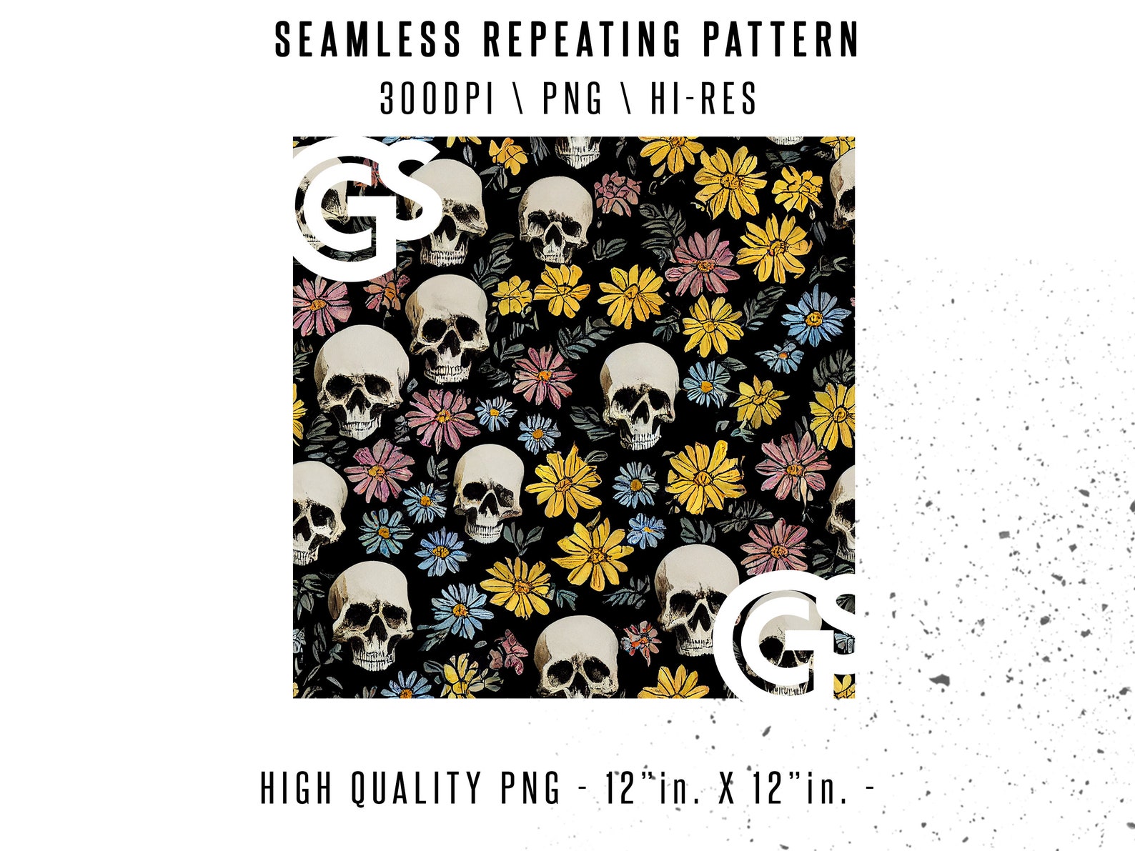 Digital Paper Skulls and Flowers - (5) Seamless Pattern Repeating ...