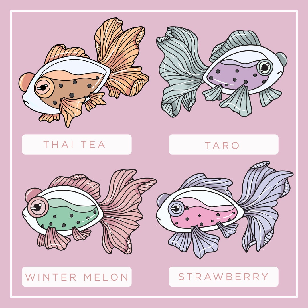 Cute Bubble Tea Boba Fish Vinyl Sticker thai Tea, Taro, Winter Melon ...