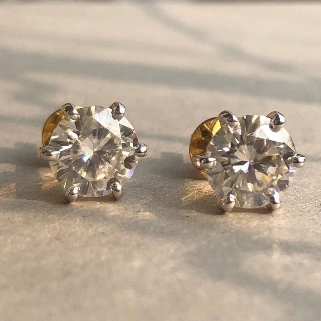 6MM Round Cut Moissanite Earrings, 14K Yellow Gold Stud Earrings ...
