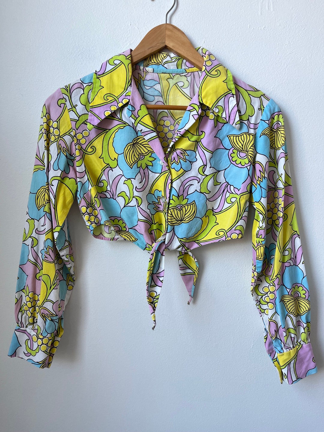 Vintage 60s Mod Floral Cropped Tie Front Blouse 1960s 70s Hippie Pastel ...