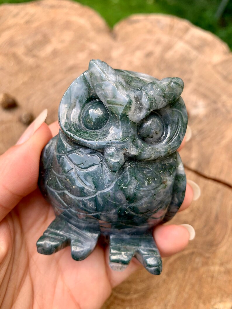 Gorgeous Moss Agate Owl Carving druzy caves prosperity | Etsy