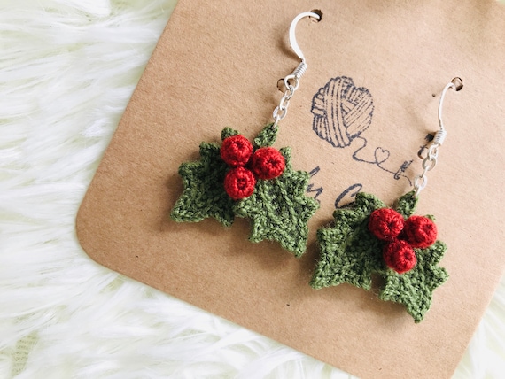 Holly Leaves and Berries Crochet Earrings Crochet Earrings | Etsy