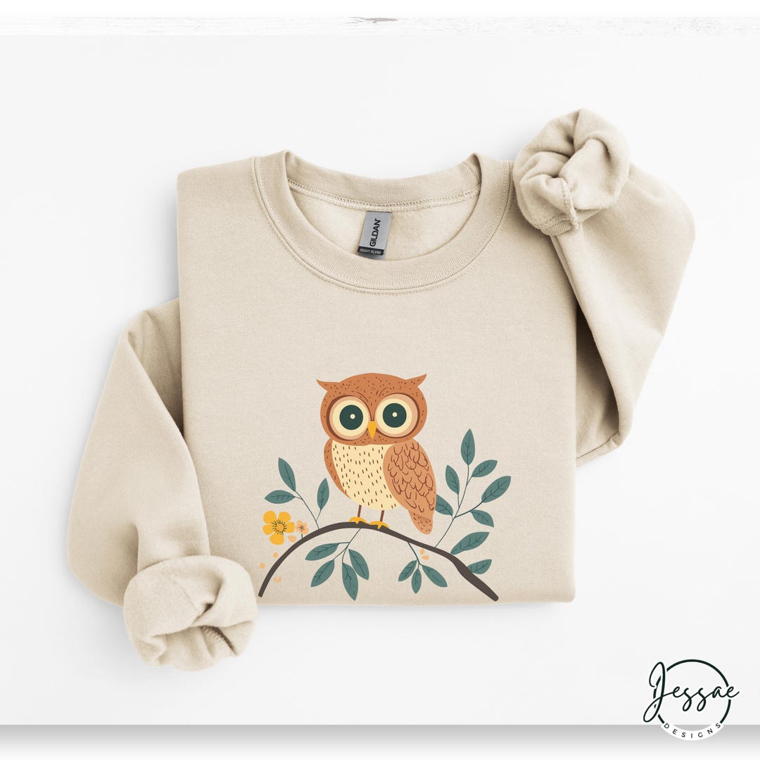 Simplistic Owl Graphic Hoodie Owl Perched on Branch With Floral Accents ...