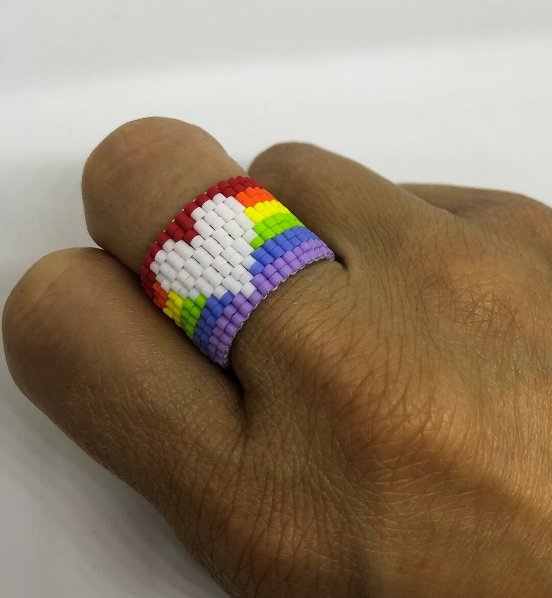 Rainbow Ring Miyuki Beads White Heart, NHS, Pride, Clap for Carers ...