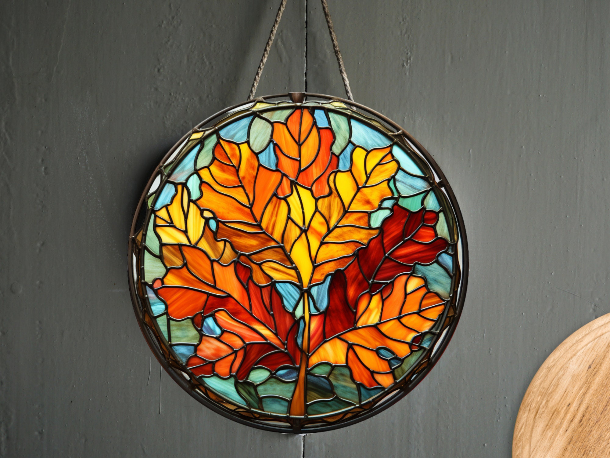 Stained Glass Fall Wreath Sign PNG Round Sign PNG Fall Door - Etsy