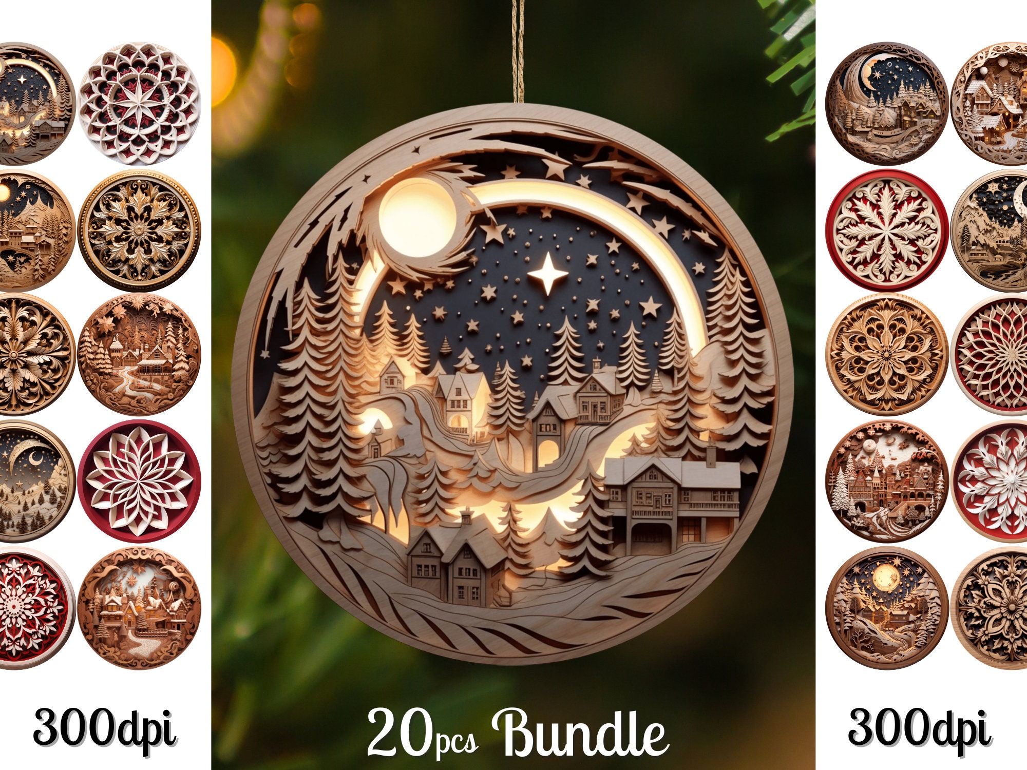 Wood Carving 3D Christmas Tree Ornaments Bundle Sublimation / Round ...