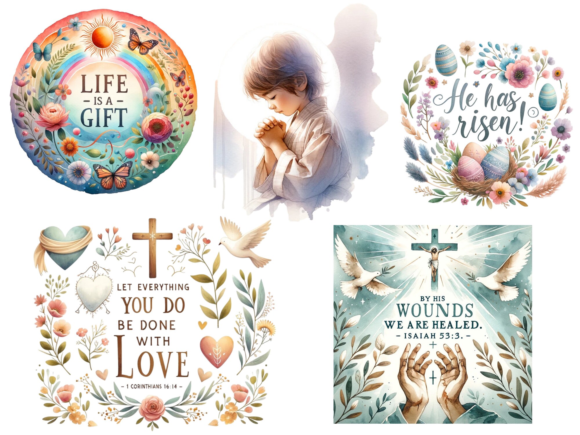 Christian Easter Quotes and Clipart PNG Bundle, 20 Watercolor Easter ...