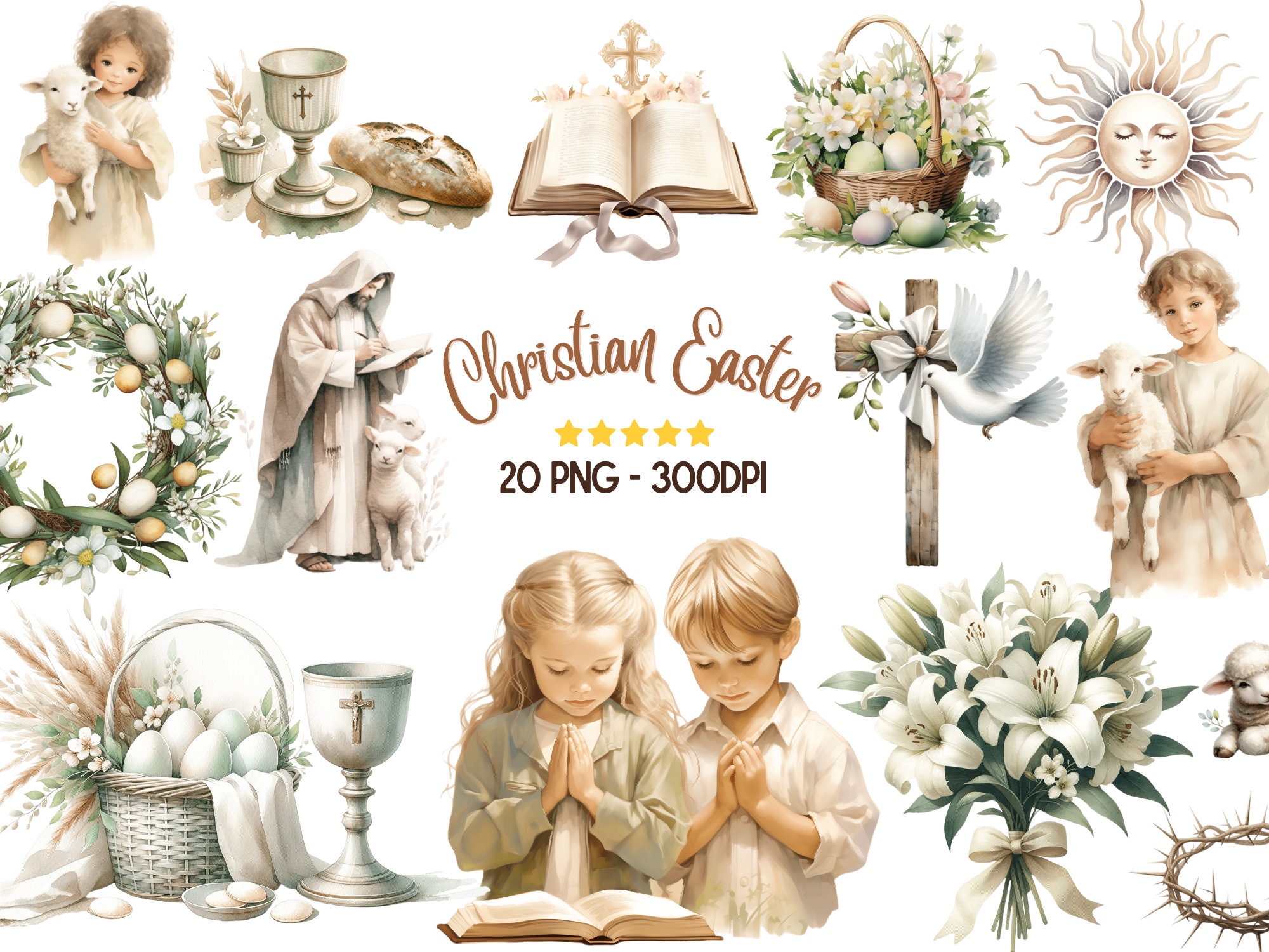 Watercolor Easter Collection Clipart, 20 PNG Religious Clipart ...