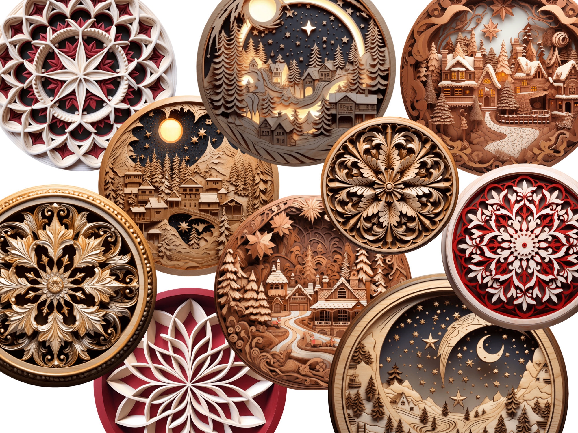 Wood Carving 3D Christmas Tree Ornaments Bundle Sublimation / Round ...
