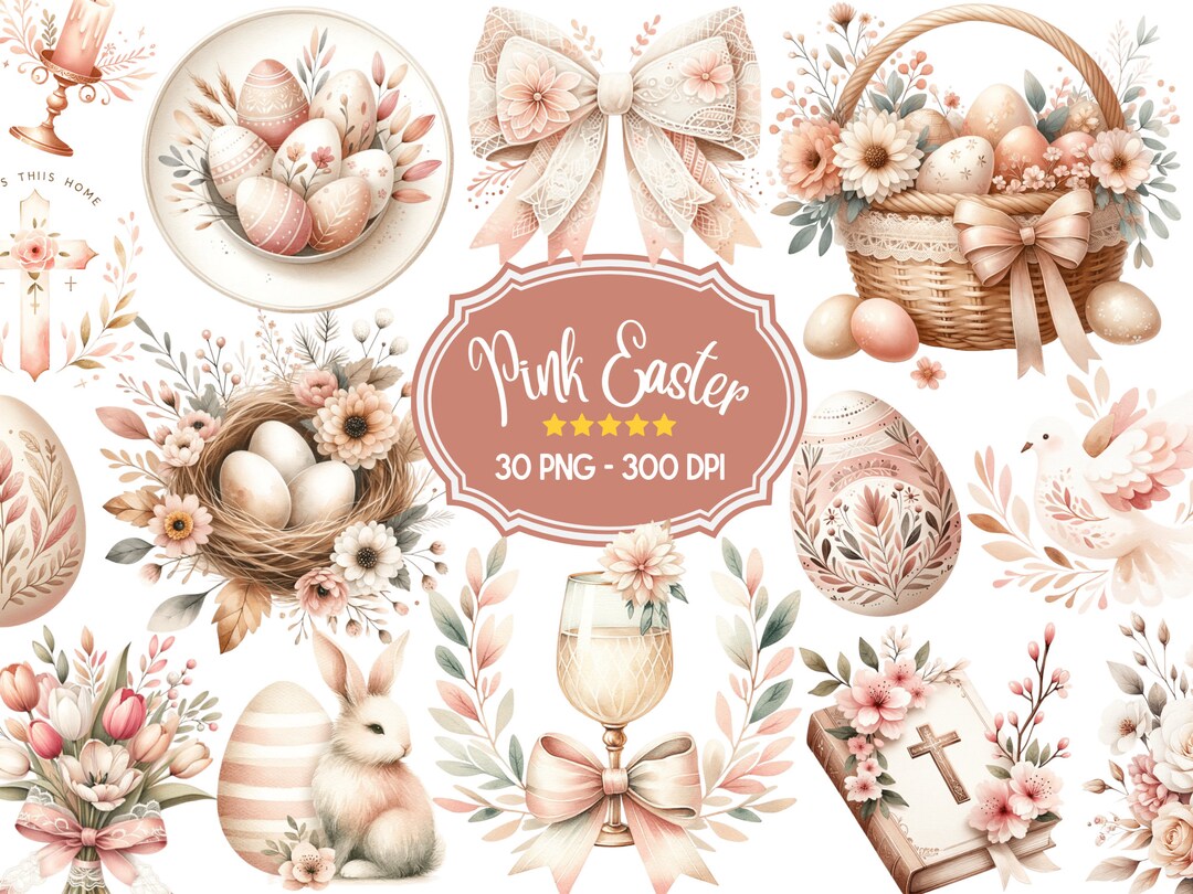 Pink Easter Clipart Bundle, Watercolor Easter Clipart PNG, Pastel ...