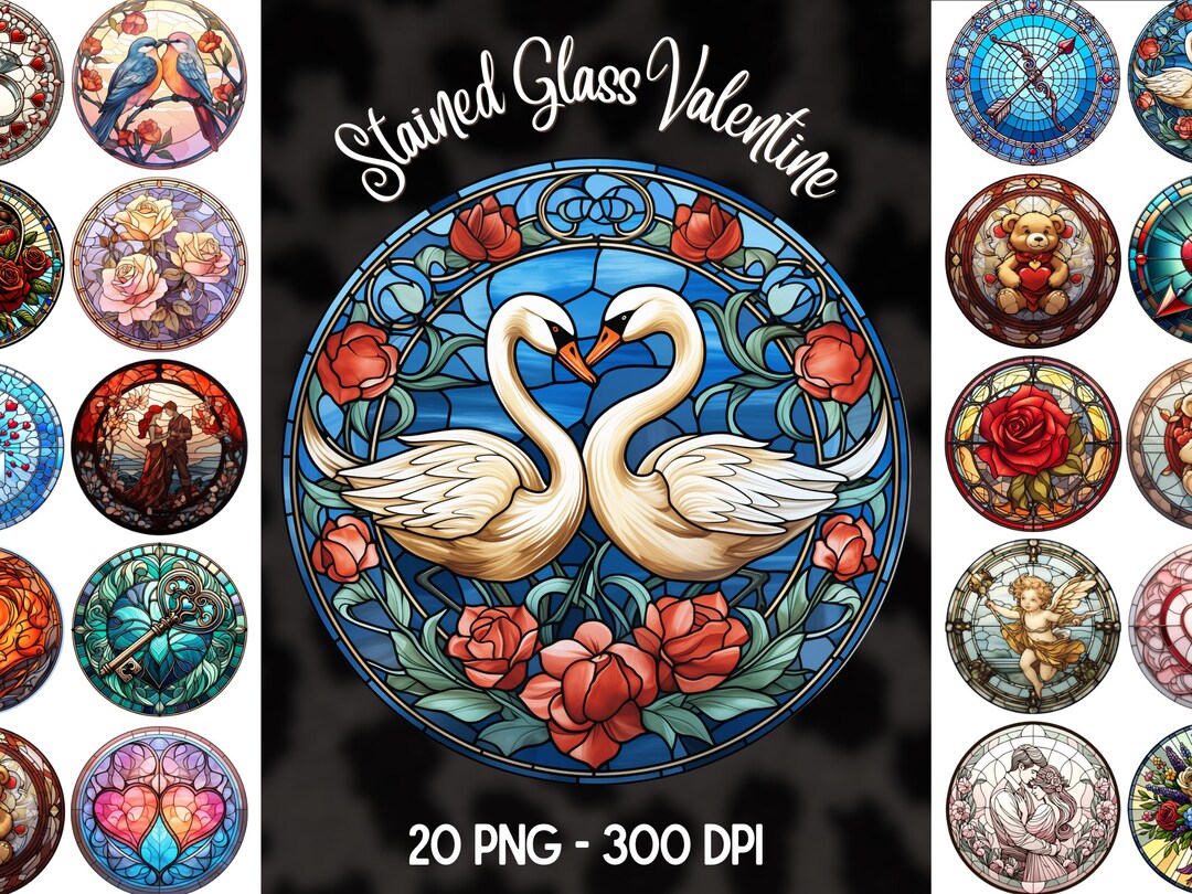 Round Stained Glass Valentine's Day Clipart PNG Sublimation Bundle, 20 ...