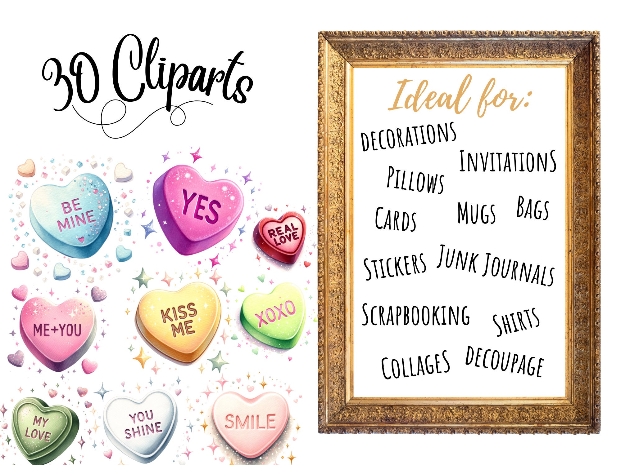 Conversation Hearts Clipart Bundle, Valentine's Day, Sweethearts PNG ...
