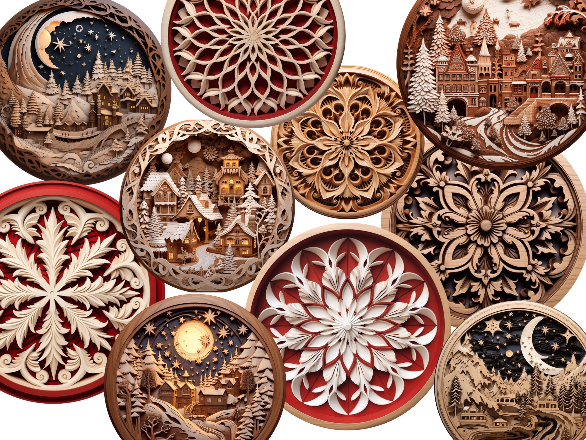 Wood Carving 3D Christmas Tree Ornaments Bundle Sublimation / Round ...