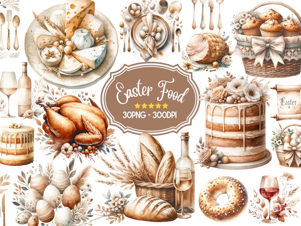 Watercolor Easter Food Clipart Collection, 30 Food Clipart, Wine ...