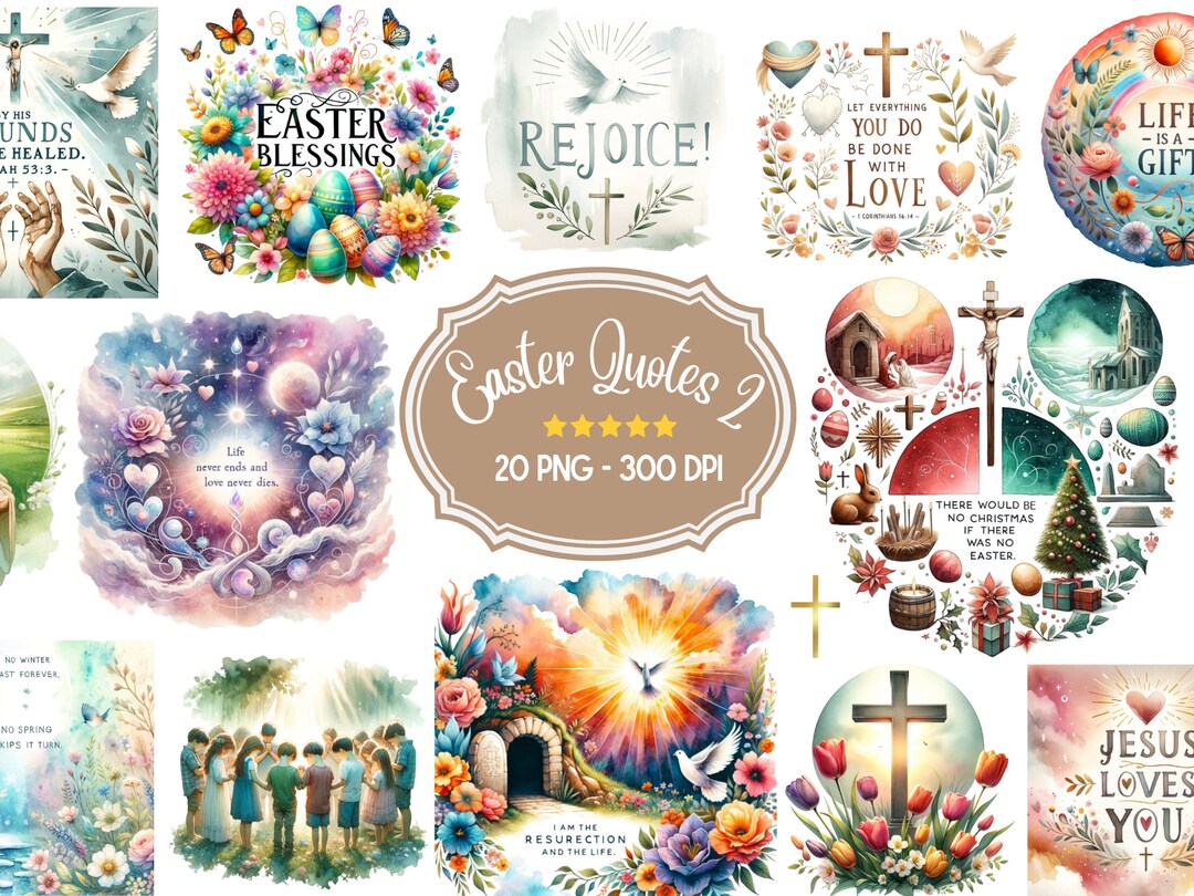 Christian Easter Quotes and Clipart PNG Bundle, 20 Watercolor Easter ...
