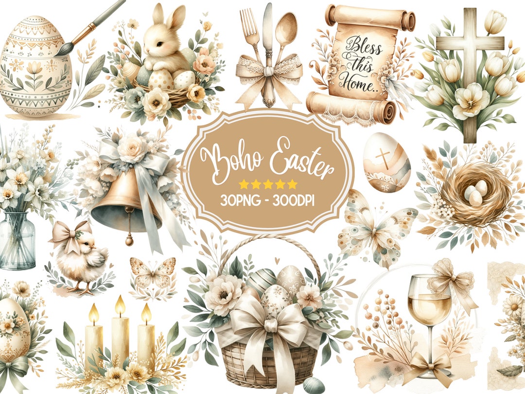 Watercolor Boho Easter Clipart Bundle: 30 PNG Graphics (digital ...