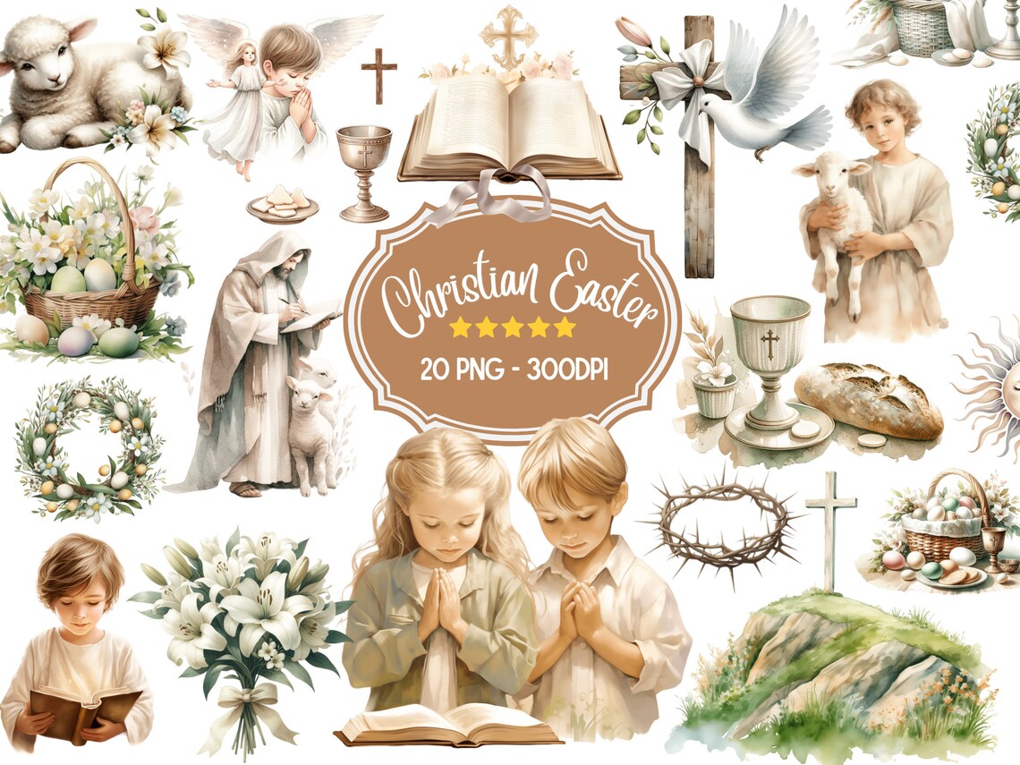Watercolor Easter Collection Clipart, 20 PNG Religious Clipart ...