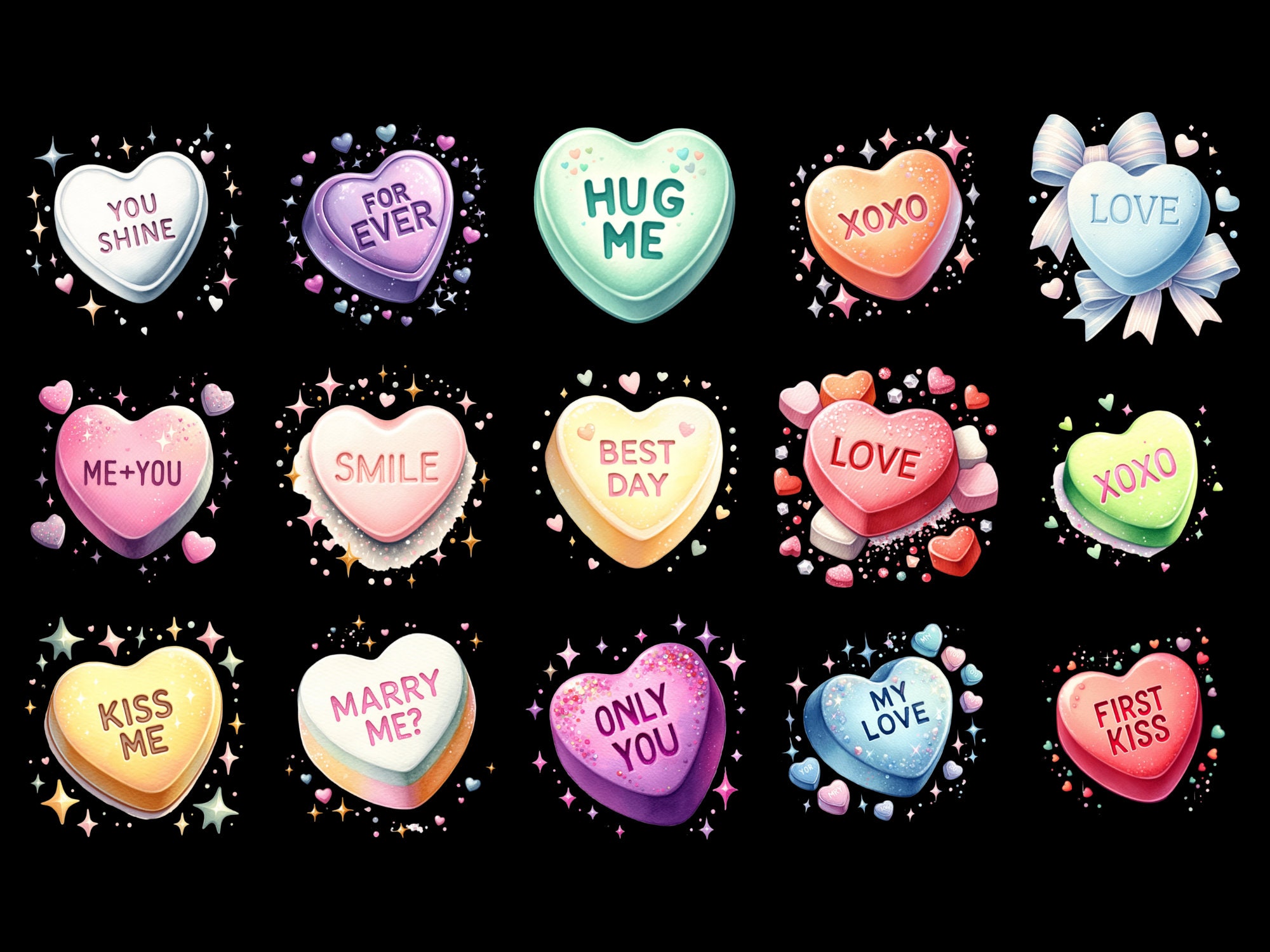 Conversation Hearts Clipart Bundle, Valentine's Day, Sweethearts PNG ...