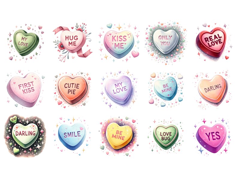 Conversation Hearts Clipart Bundle, Valentine's Day, Sweethearts PNG ...