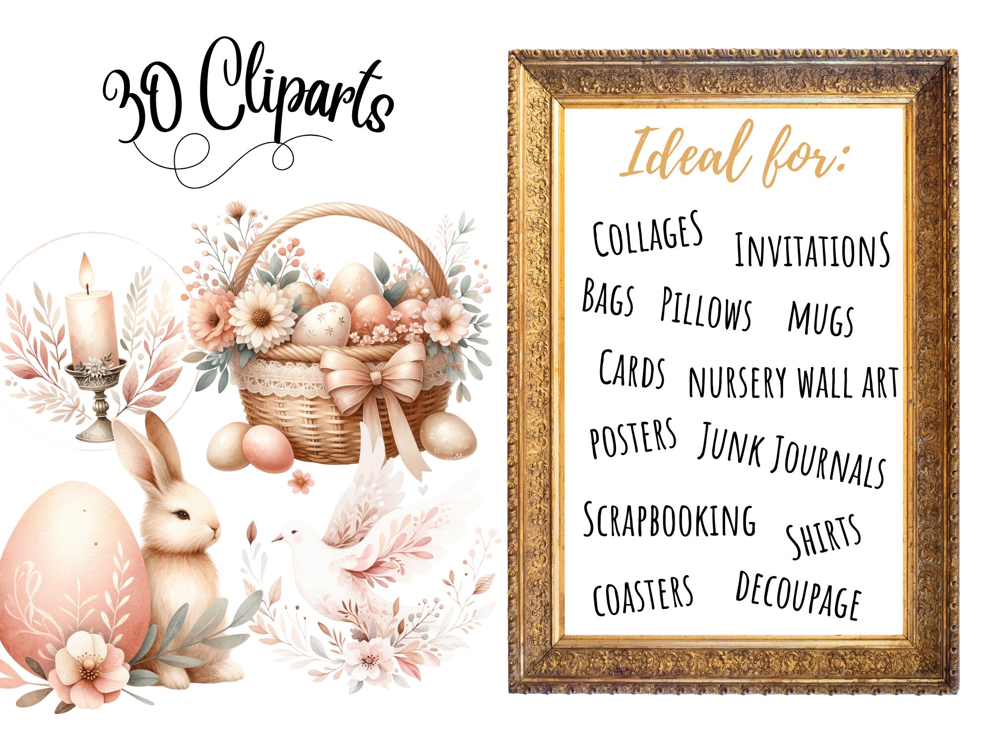 Pink Easter Clipart Bundle, Watercolor Easter Clipart PNG, Pastel ...