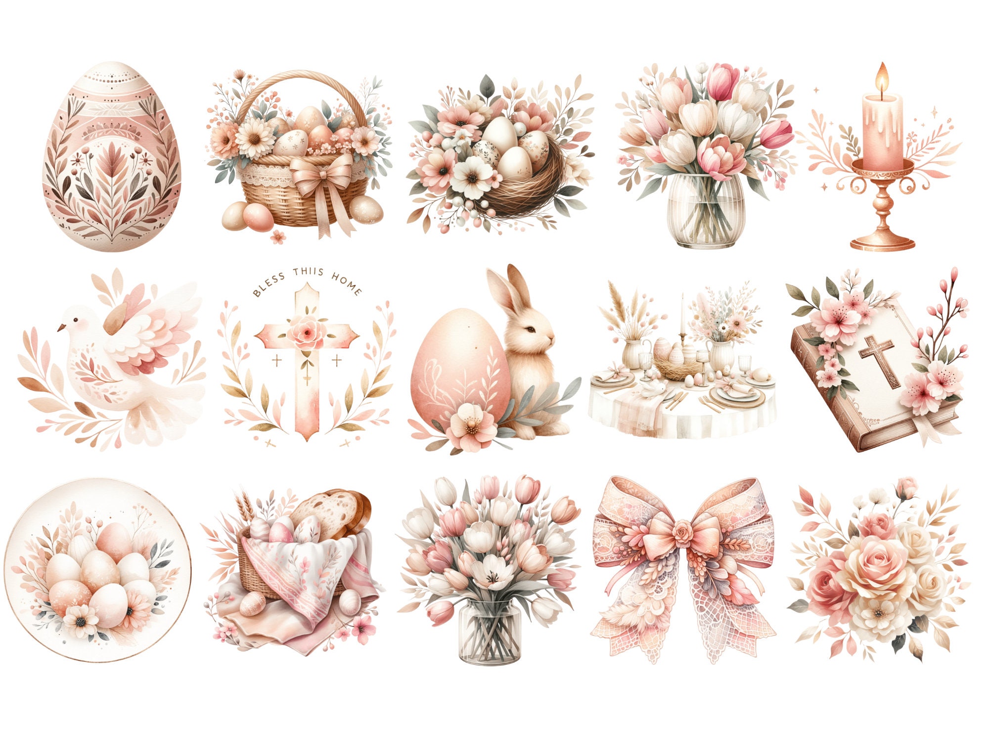 Pink Easter Clipart Bundle, Watercolor Easter Clipart PNG, Pastel ...
