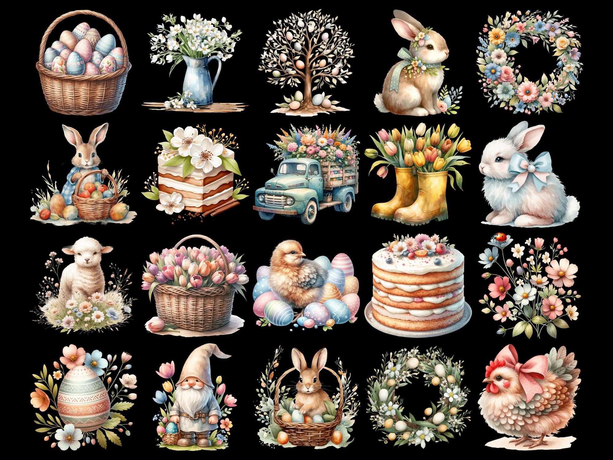 Watercolor Easter Clipart Bundle: Bunny, Eggs, Flowers (PNG Digital ...