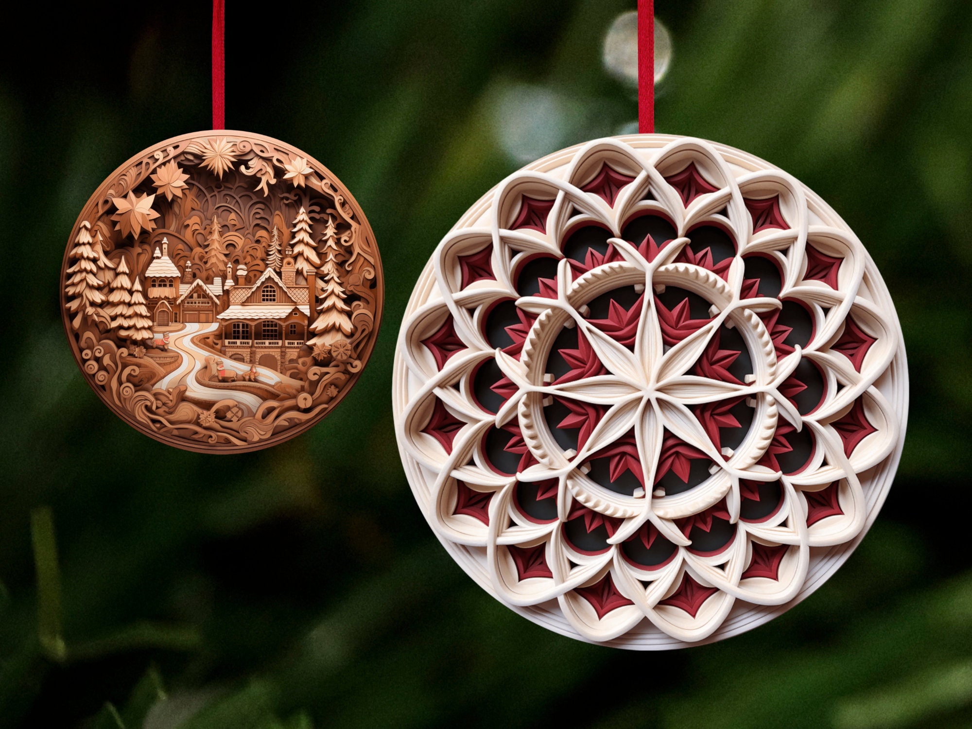 Wood Carving 3D Christmas Tree Ornaments Bundle Sublimation / Round ...