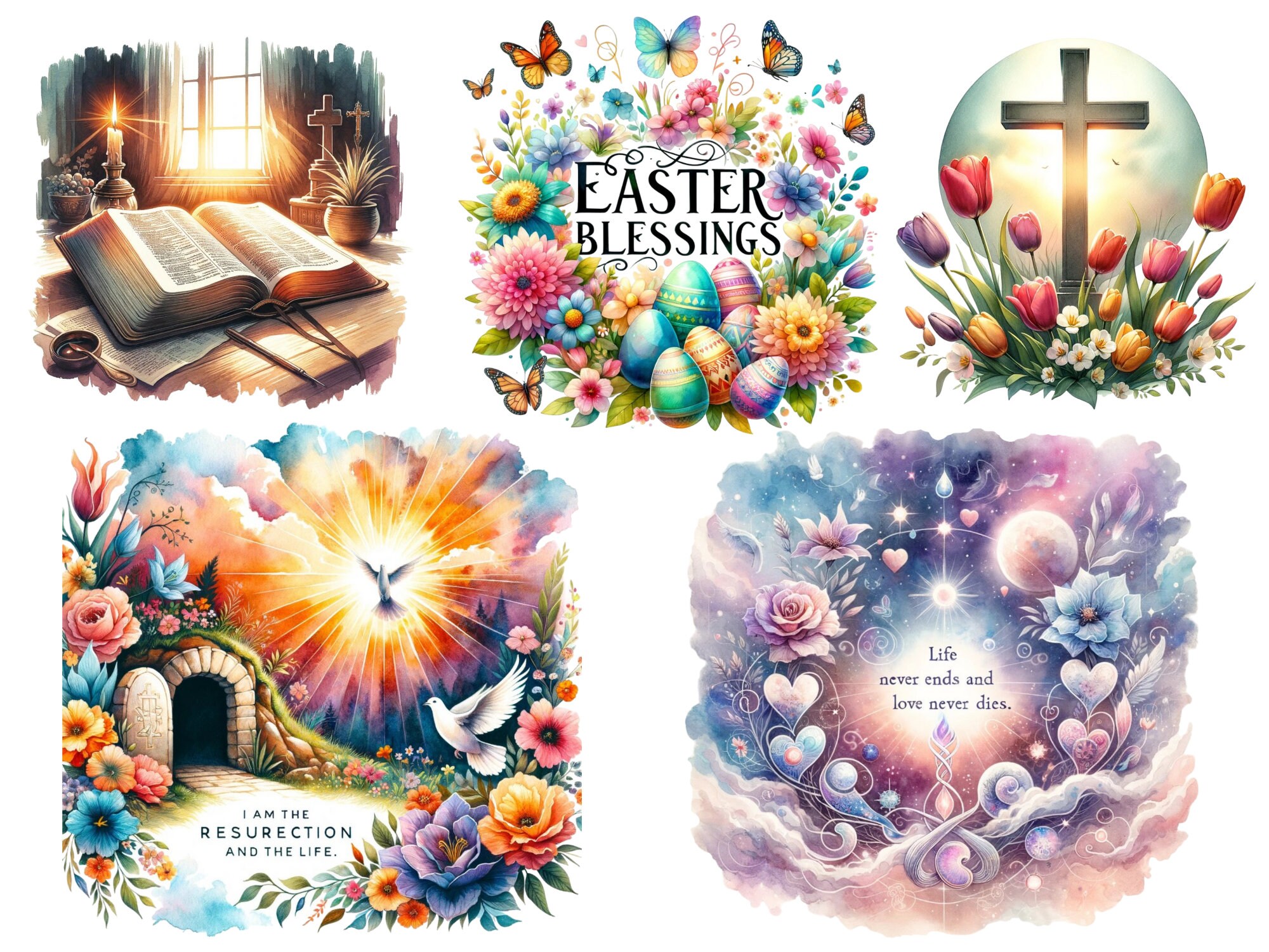 Christian Easter Quotes and Clipart PNG Bundle, 20 Watercolor Easter ...