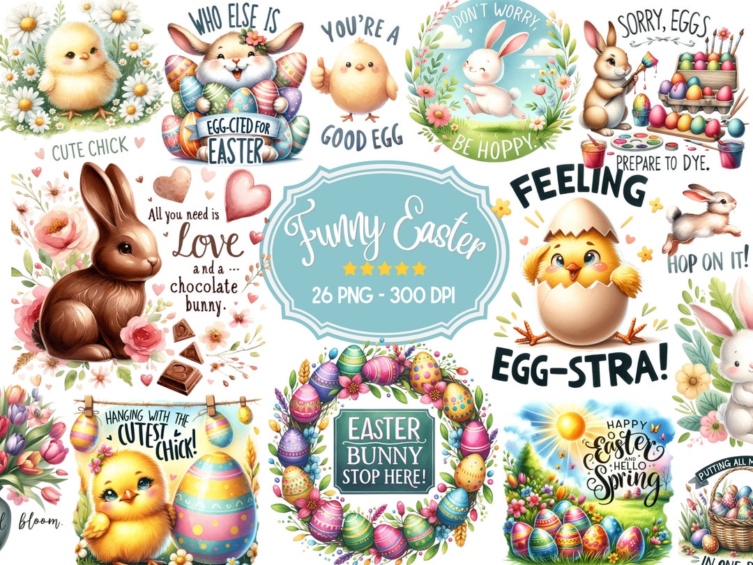 Funny Easter Quotes PNG Clipart Bundle, 26 Watercolor Easter Collection ...