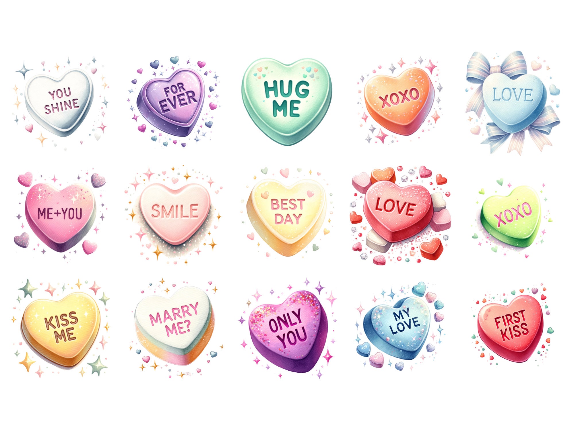 Conversation Hearts Clipart Bundle, Valentine's Day, Sweethearts PNG ...