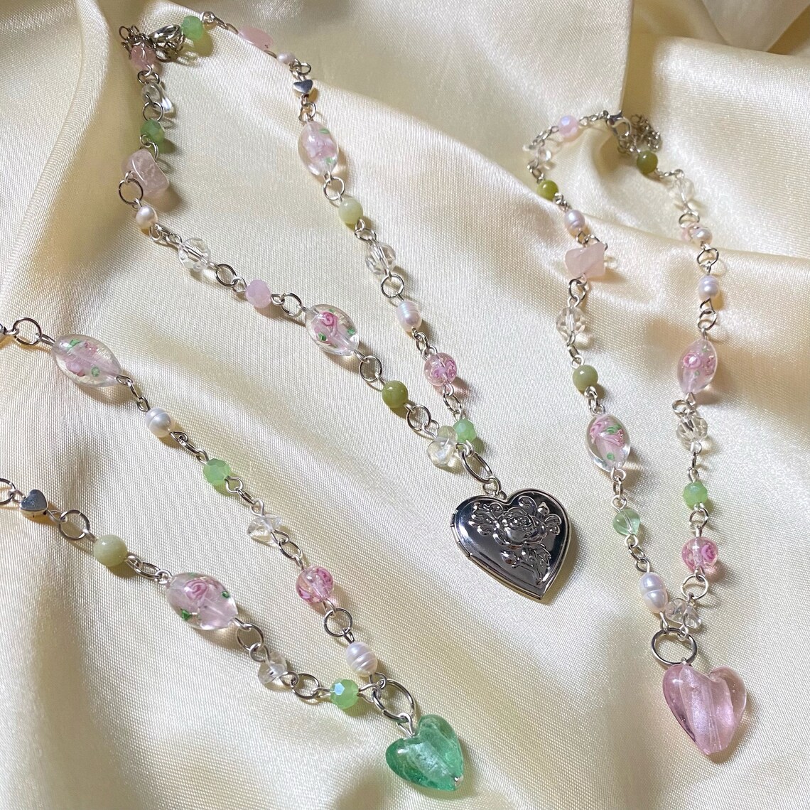 Soft Pastel Pink Green Heart Rose Cottagecore Crystal and - Etsy