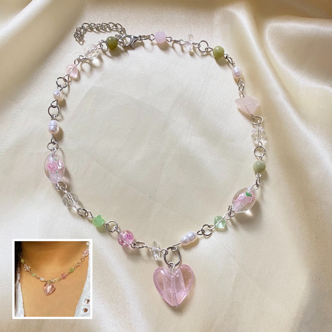 Soft Pastel Pink green heart rose cottagecore Crystal and | Etsy