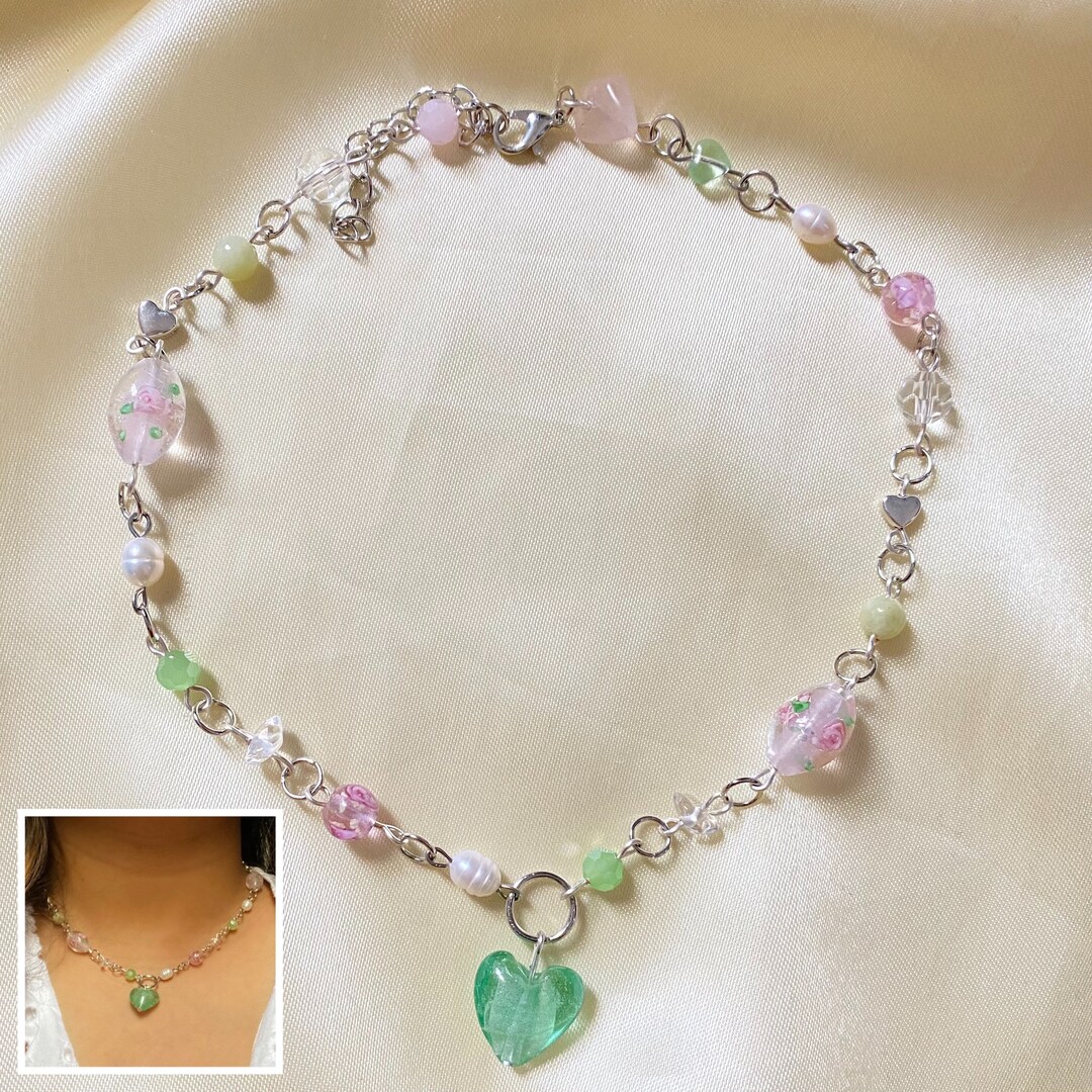 Soft Pastel Pink Green Heart Rose Cottagecore Crystal and - Etsy