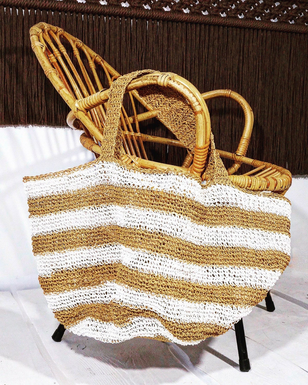 Big Raffia Bag Made of African Palm Leave Cord,beige and White Beach ...