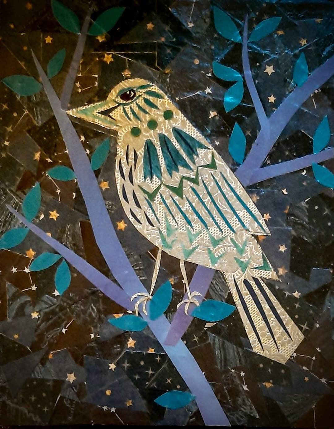 Birds, Original, Collage Art, Cut Paper and Ink on Canvas, Birds ...