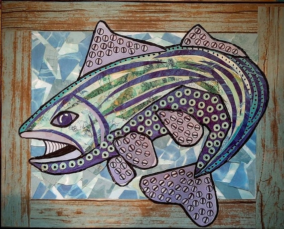 Blue Fish Original Collage Art Cut Paper on Canvas Sea | Etsy