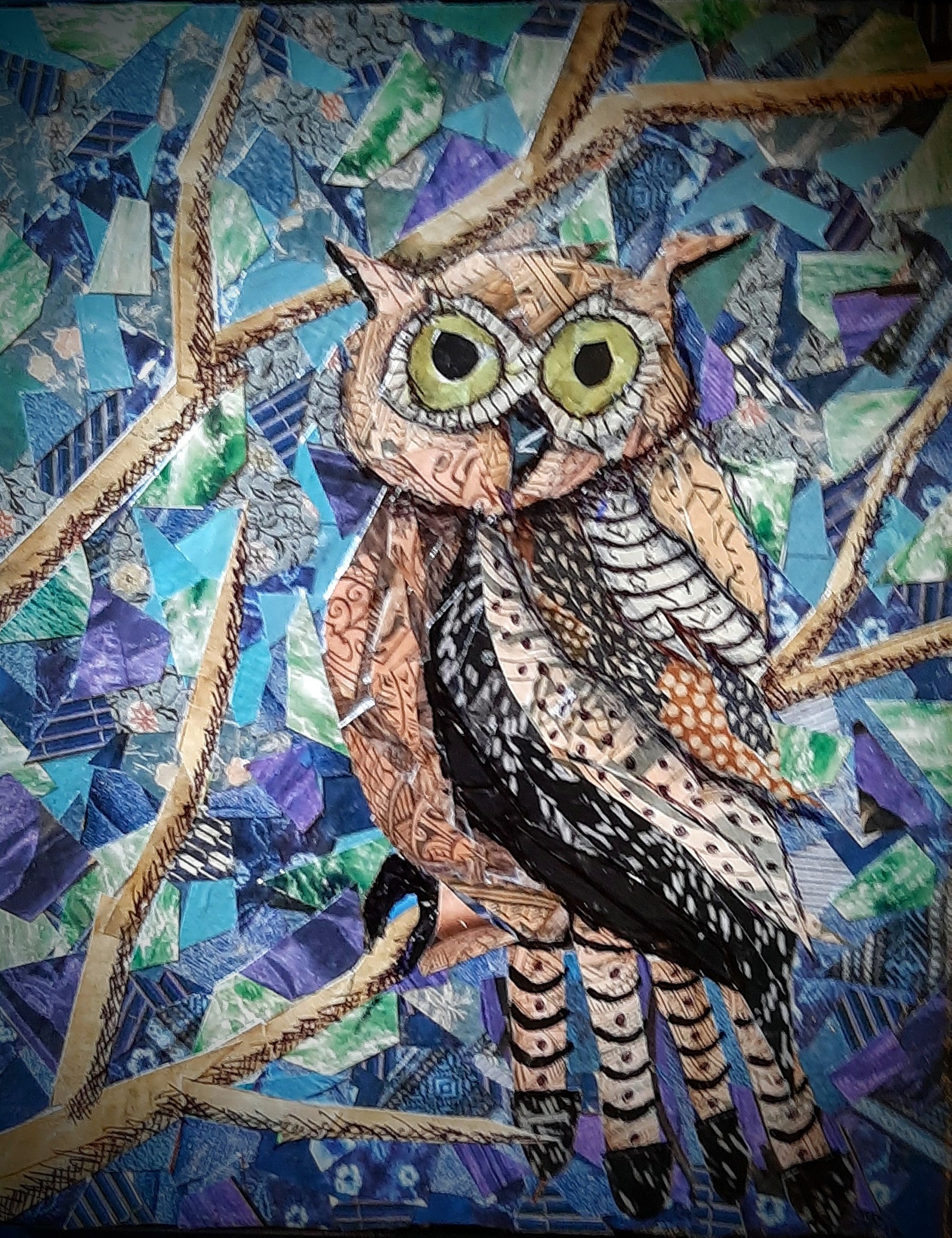 Owl collage art original cut paper on canvas birds | Etsy