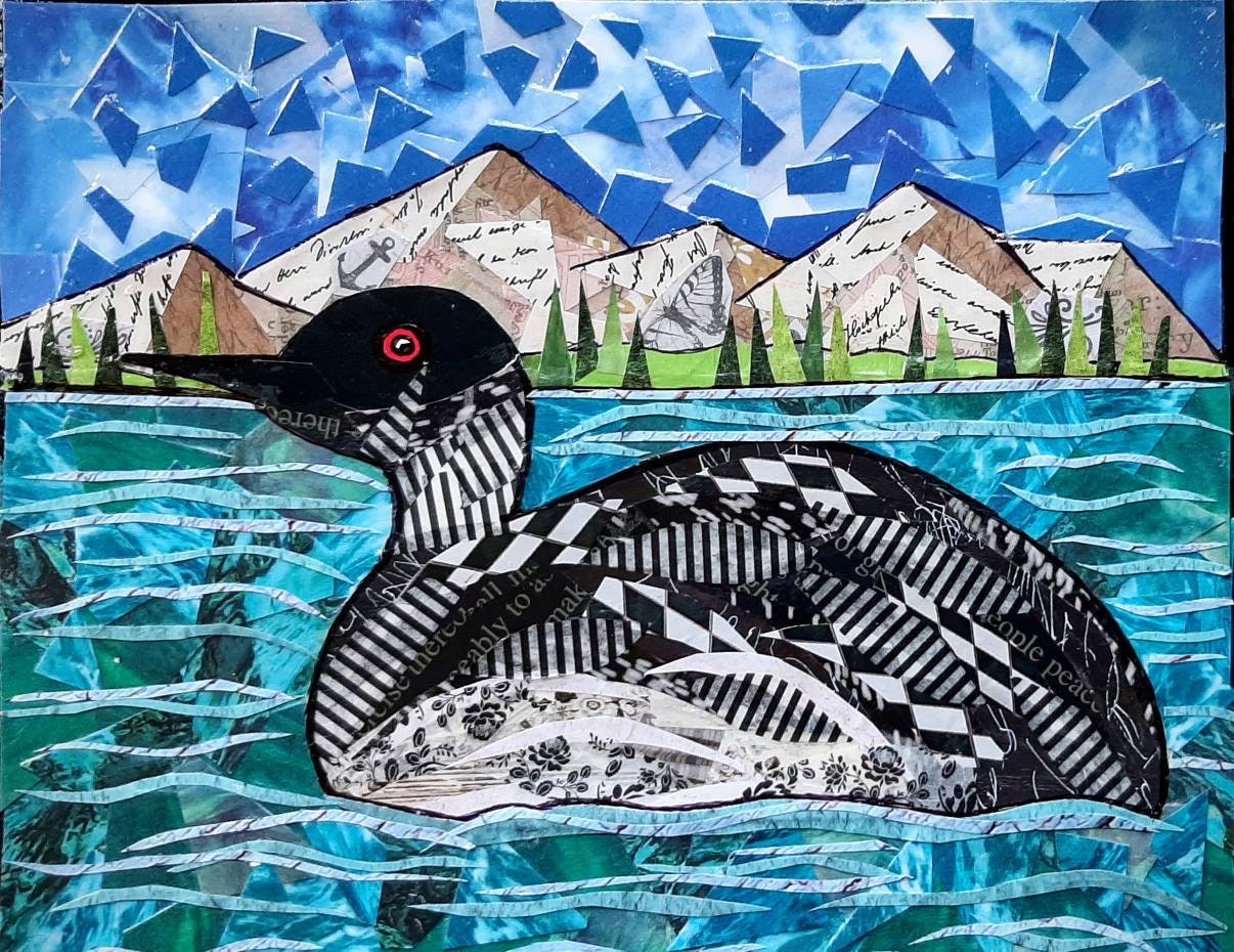 Loon Original collage art cut paper ink and acrylic on | Etsy