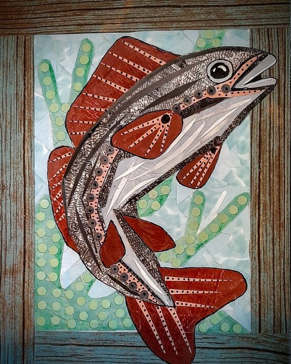 Salmon Original Collage Art Cut Paper on Canvas Sea Life - Etsy