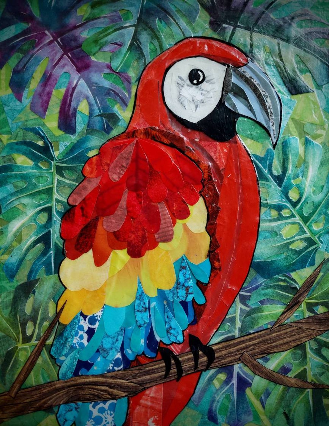 Parrot, Tropical, Collage Art, Original, Cut Paper on Canvas, Birds ...