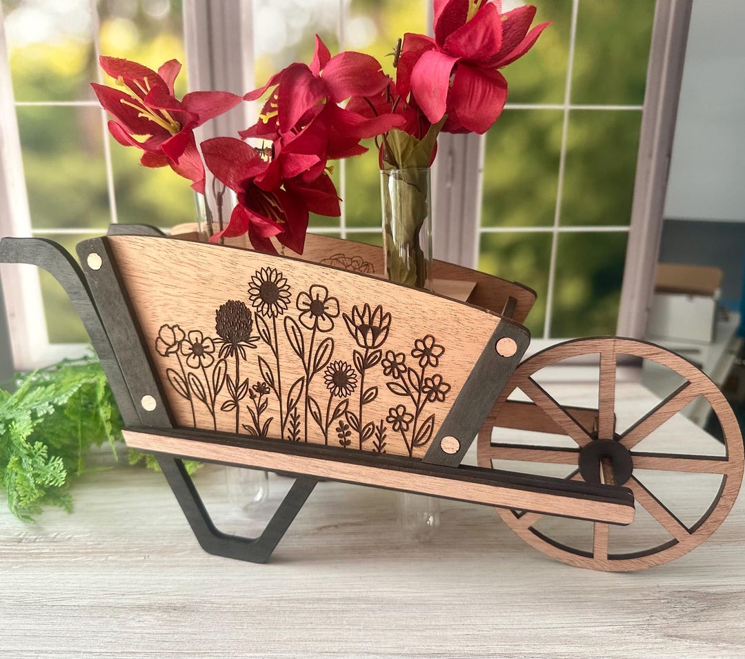 Wooden Wheelbarrow Propagation Stand – 3-tube Plant Holder – Engraved ...