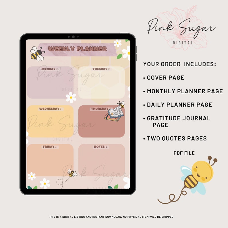 Undated Bee Digital Planner / Cute Digital Planner / Monthly Planner ...