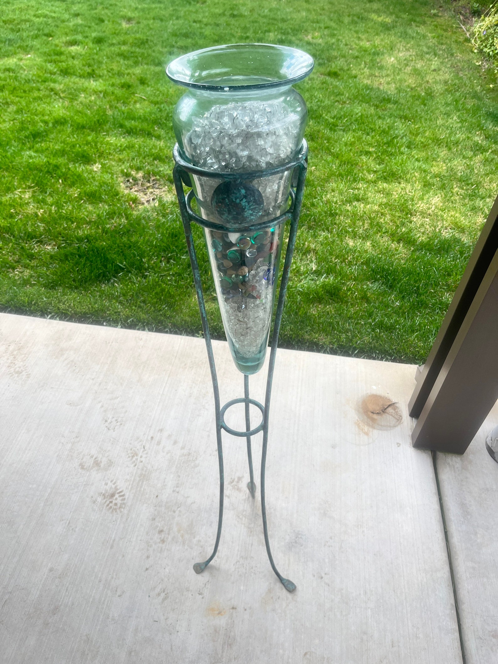 Rare Vintage Glass Floor Vase With Tall Turquoise Wrought Iron Stand - Etsy