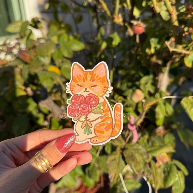Cat With Roses Sticker: Waterproof Vinyl Decal With Holographic Stars ...