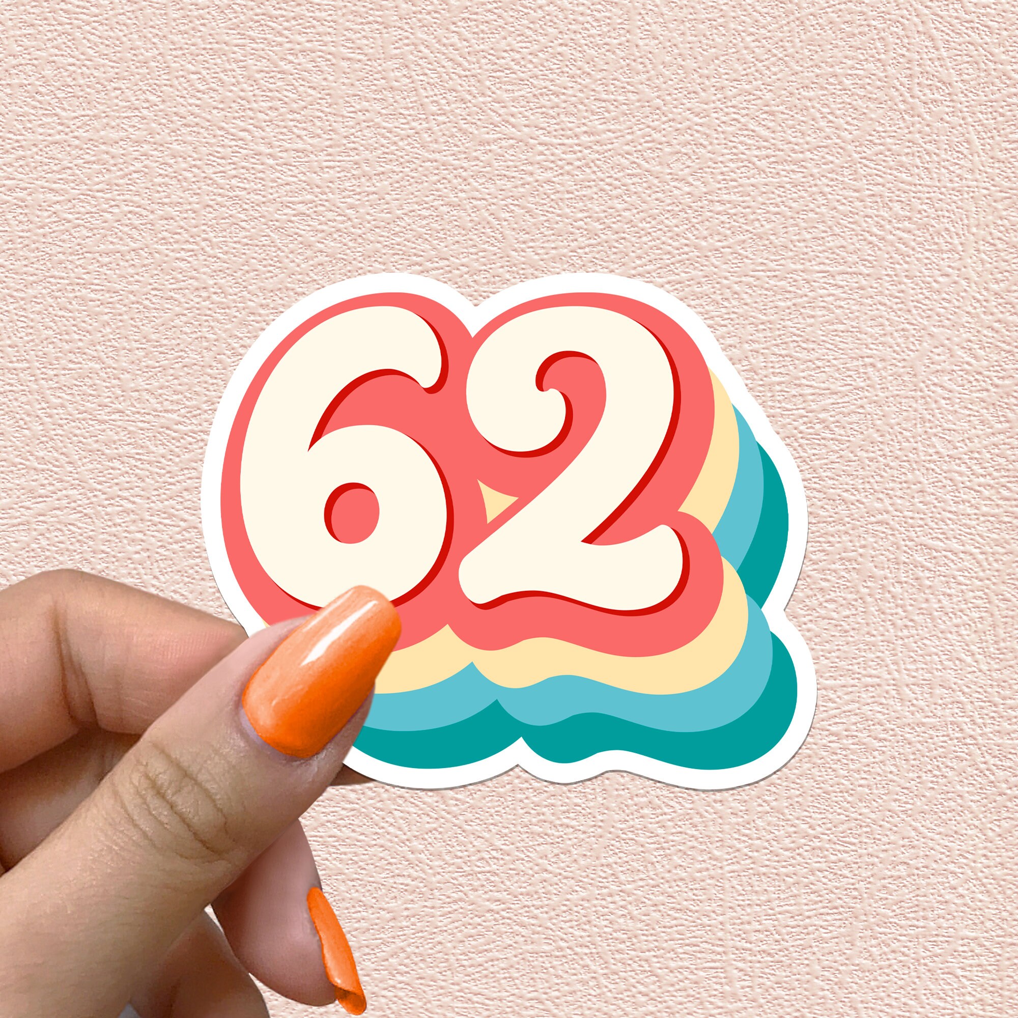 Number 62 Sticker Retro Rainbow Numbers 62nd Birthday Decal Year Party ...