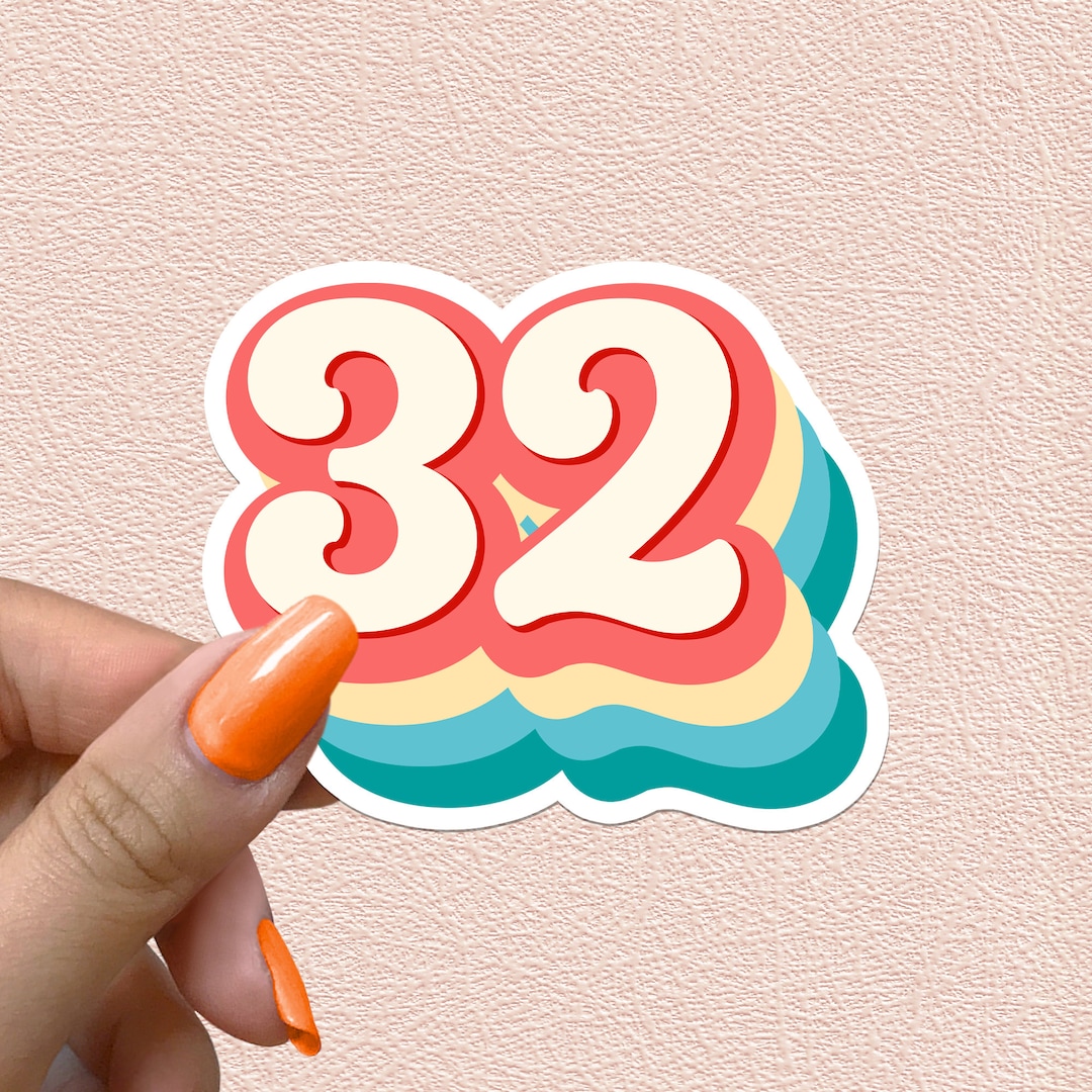 Number 32 Sticker Retro Rainbow Numbers 32nd Birthday Decal Year Party ...