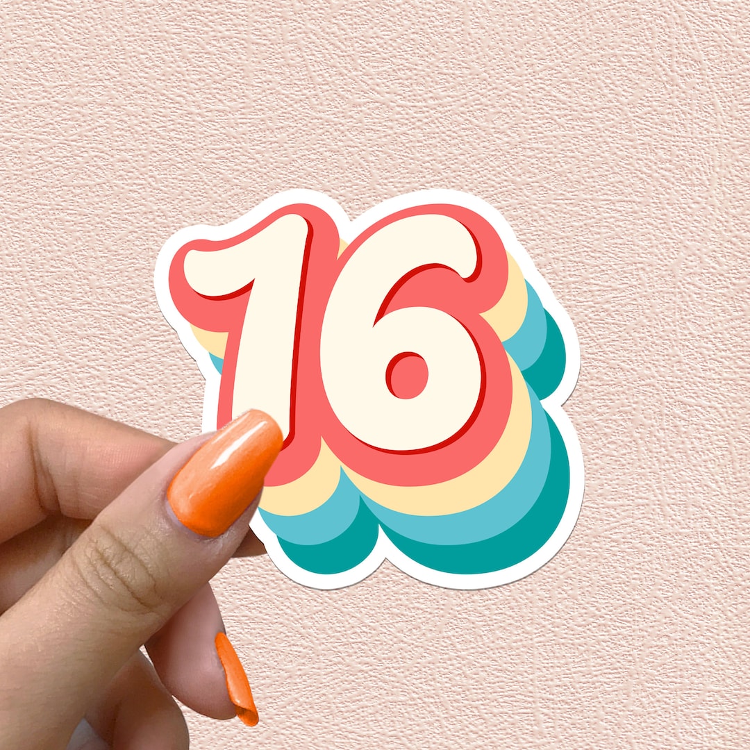 Number 16 Sticker Retro Rainbow Numbers 16th Birthday Decal Year Party ...