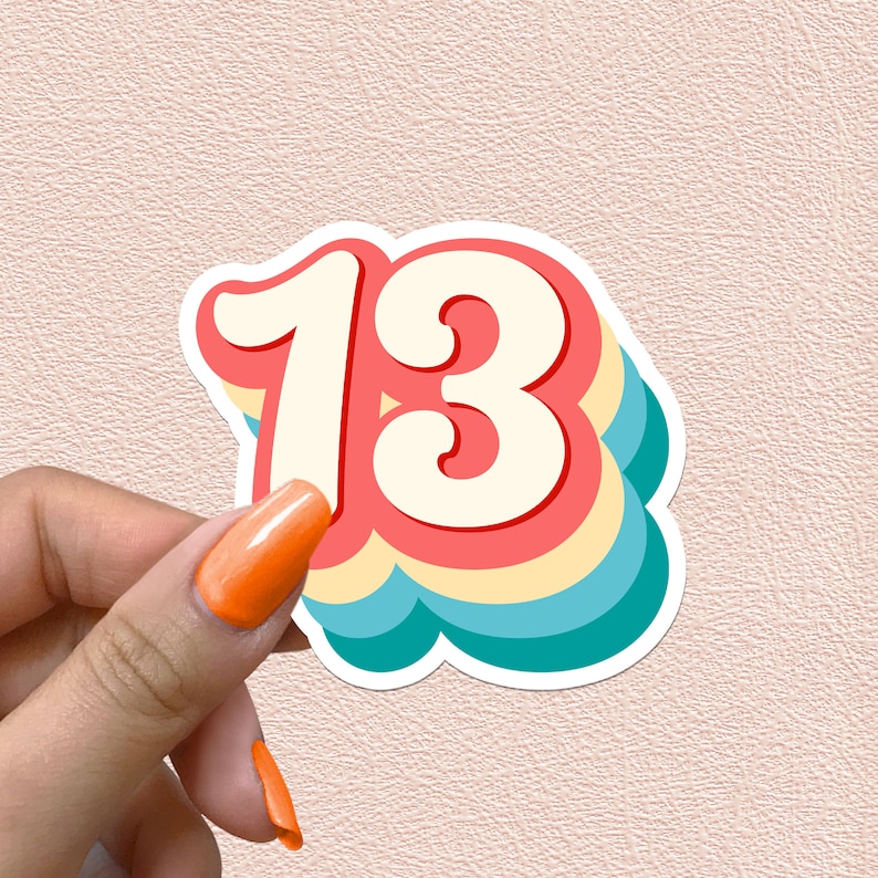 Number 13 Sticker Retro Rainbow Numbers 13th Birthday Decal Thirteen ...