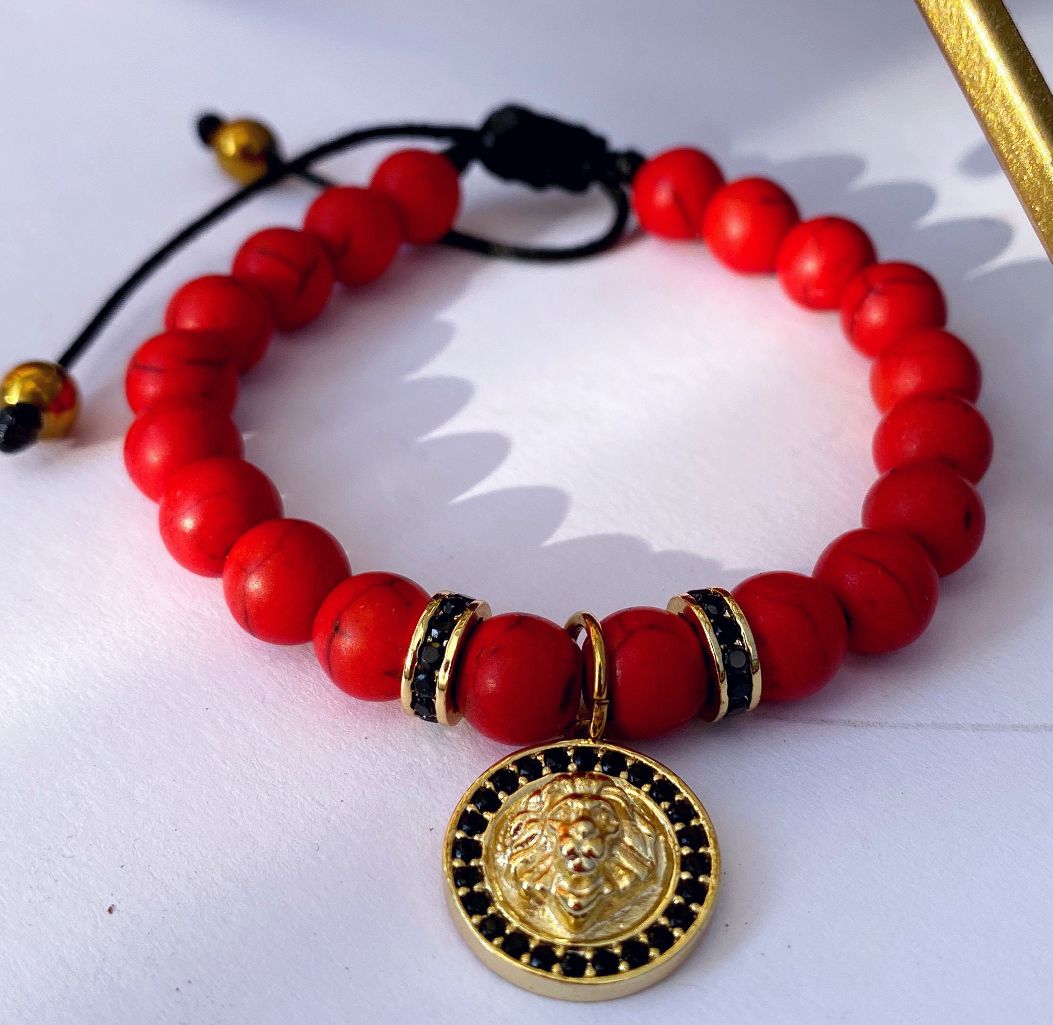 Red Beaded Bracelet, Men’s Beaded Bracelet, Lion Bracelet, Men’s Lion ...